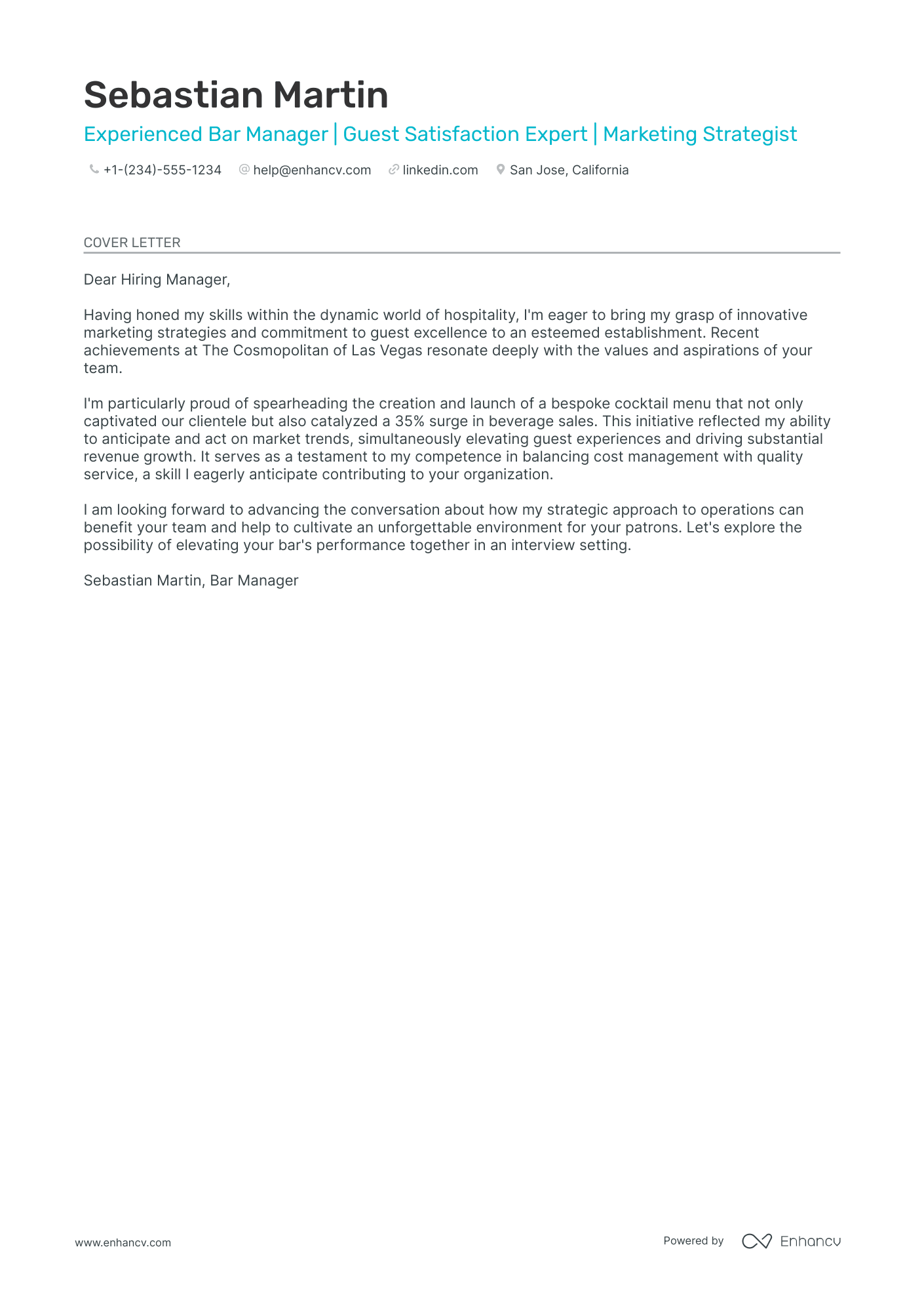 17 Professional Bartender Cover Letter Examples and Template for 2024 ...