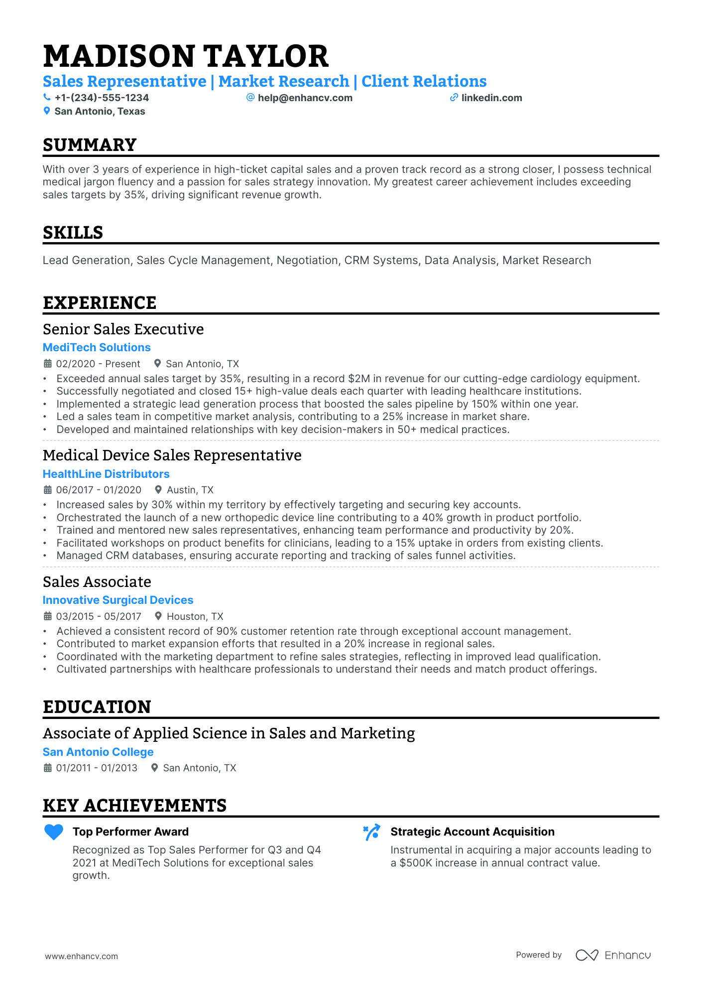 10 Medical Device Sales Representative Resume Examples & Guide for 2026
