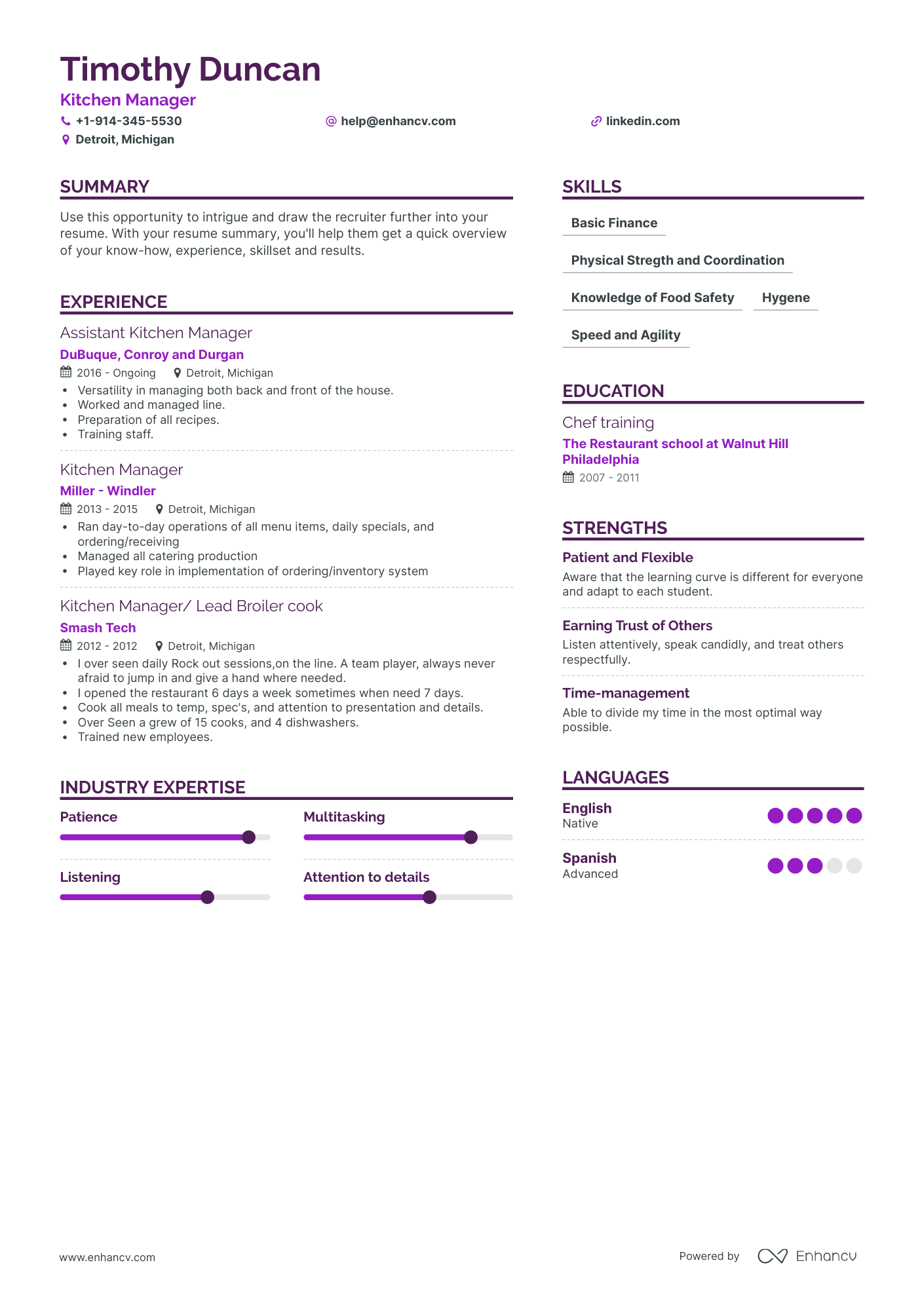 Kitchen Manager Resume Examples & Guide for 2023 (Layout, Skills ...