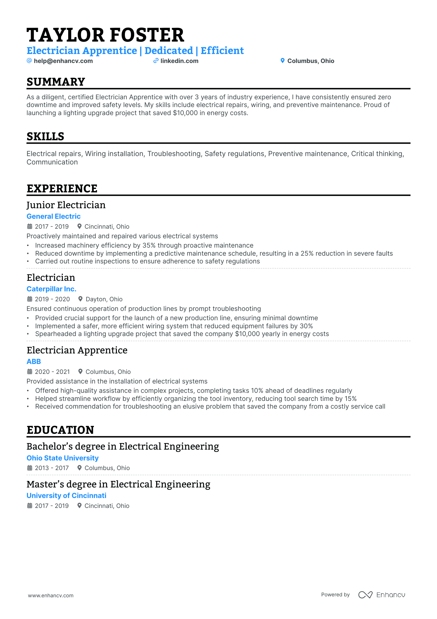 10 Electrician Apprentice Resume Examples & Guide for 2026