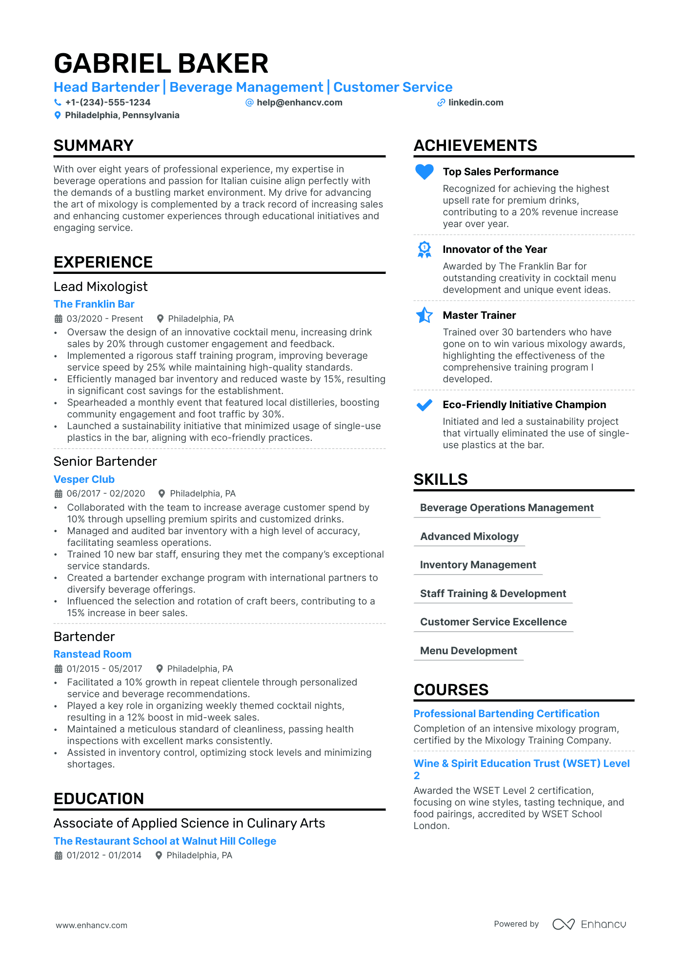 15 Bartender Resume Examples & Guide for 2024