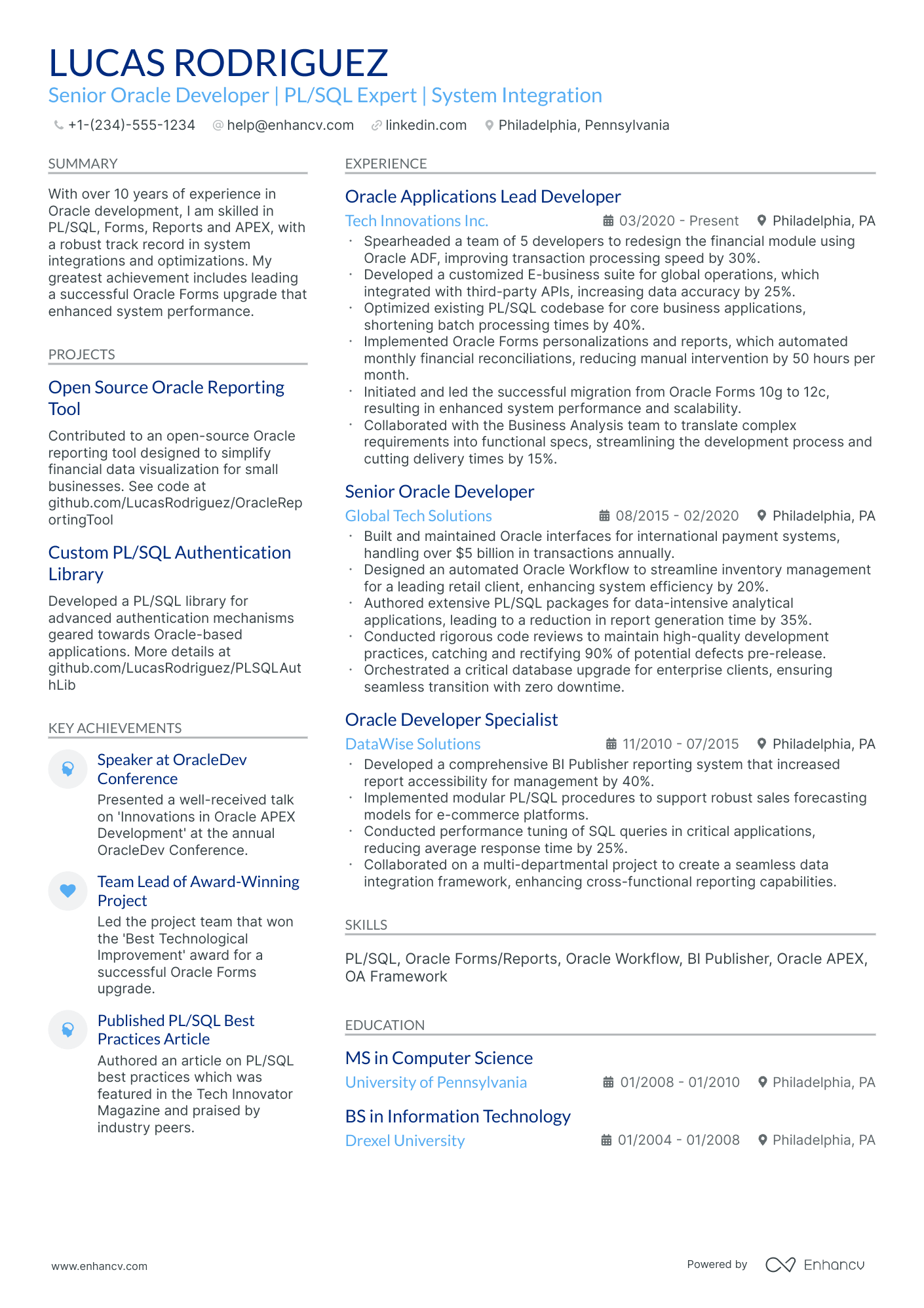 10 Senior Oracle Developer Resume Examples & Guide for 2025