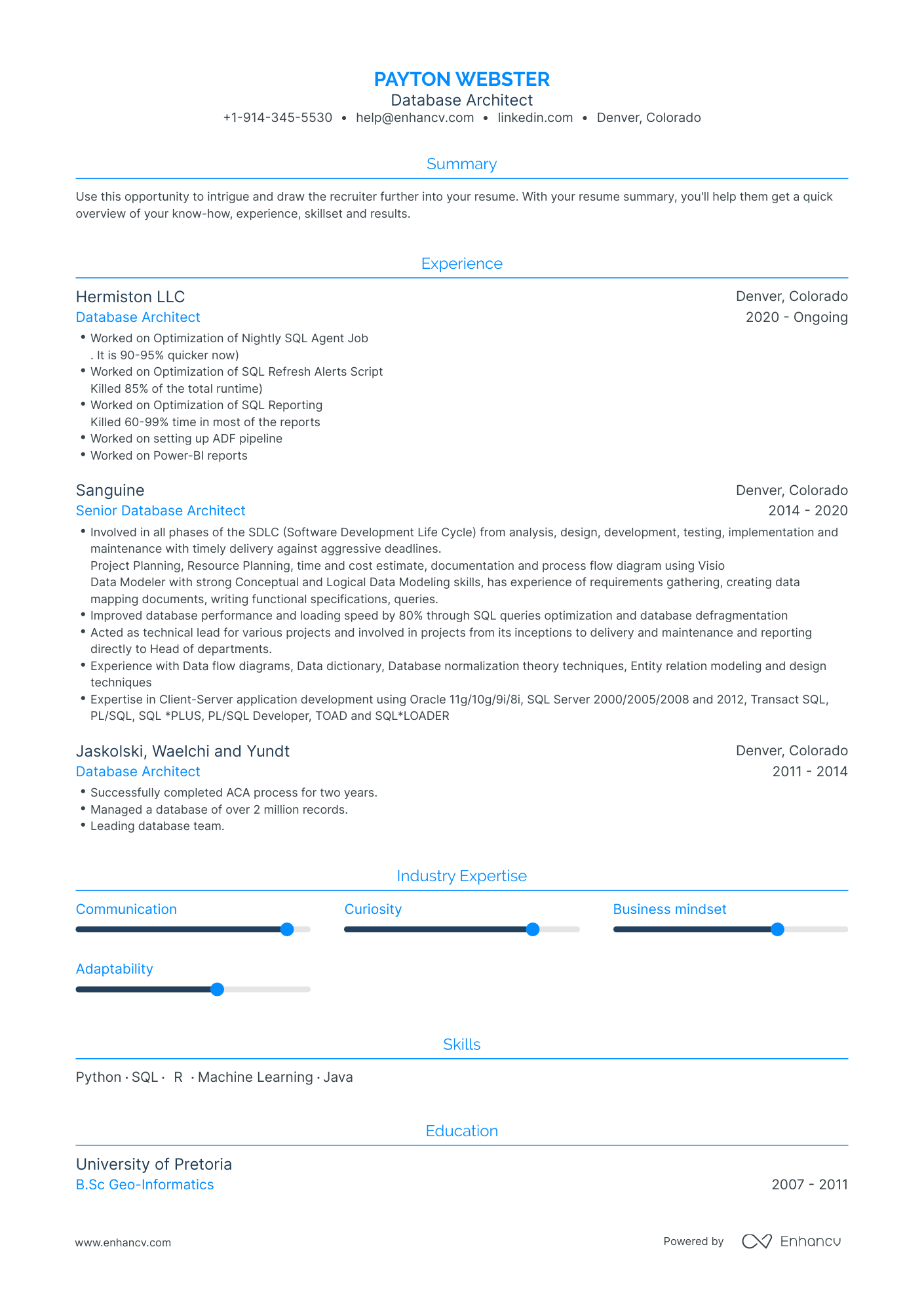 Database Architect Resume Examples & Guide for 2023 (Layout, Skills ...