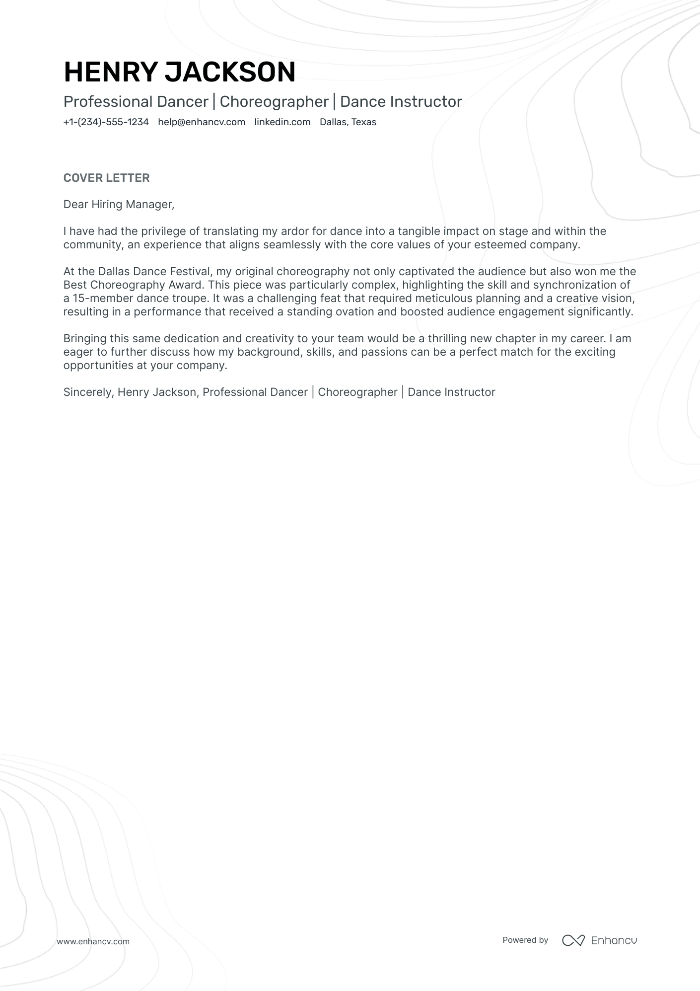 5 Professional Dance Cover Letter Examples and Template for 2024 | Enhancv