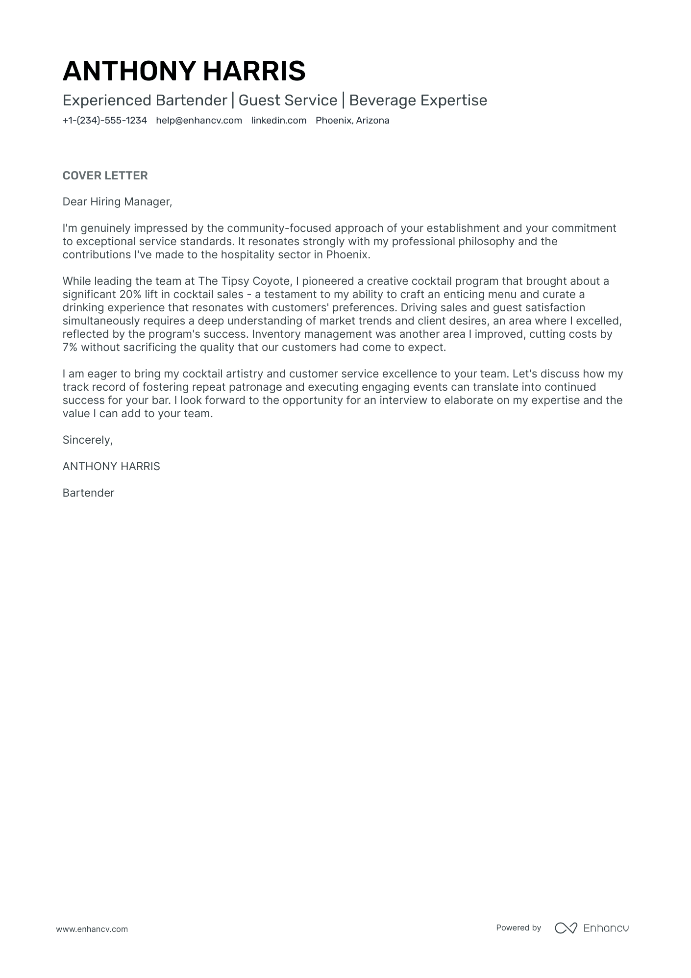 17 Professional Bartender Cover Letter Examples and Template for 2025 ...