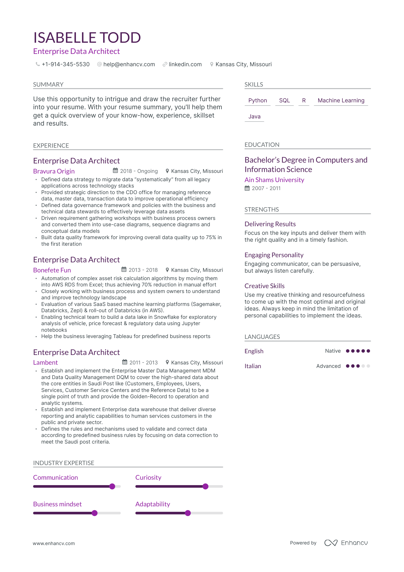 Enterprise Data Architect Resume Examples & Guide for 2023 (Layout ...