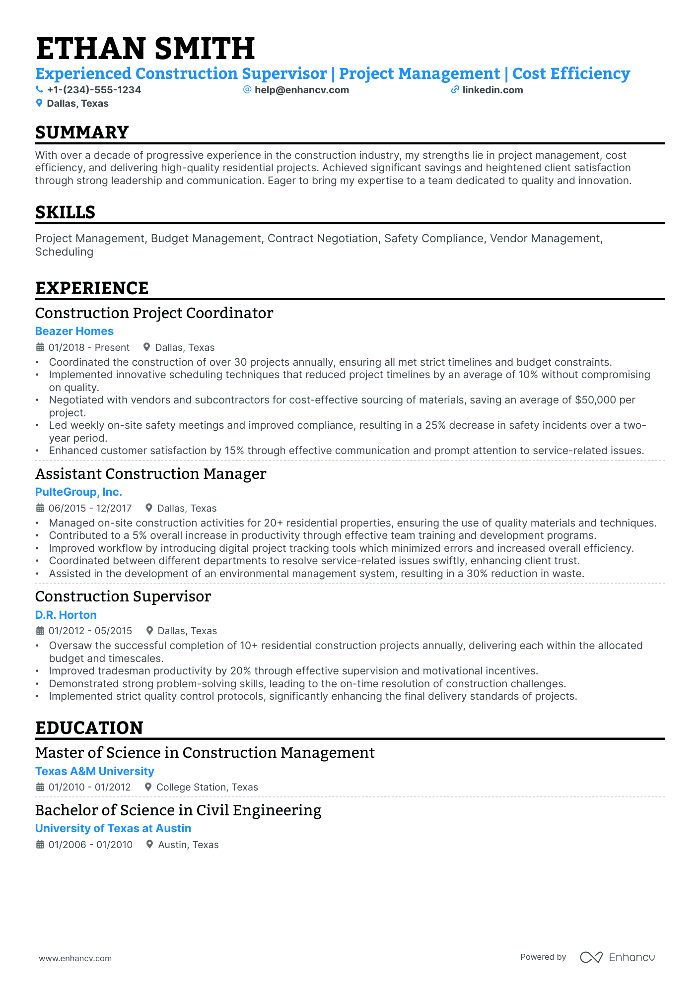 10 Construction Manager Resume Examples & Guide for 2025