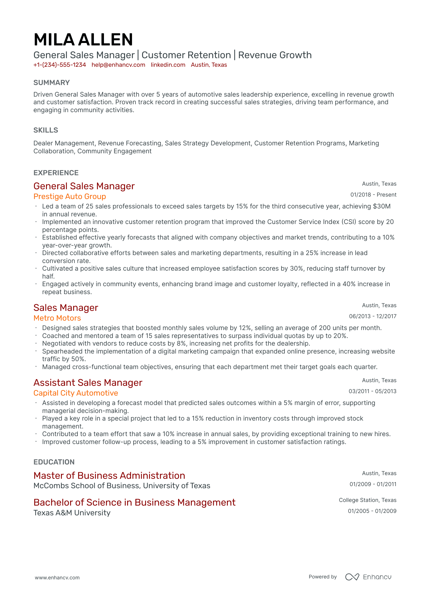 10 Automotive General Sales Manager Resume Examples & Guide for 2026