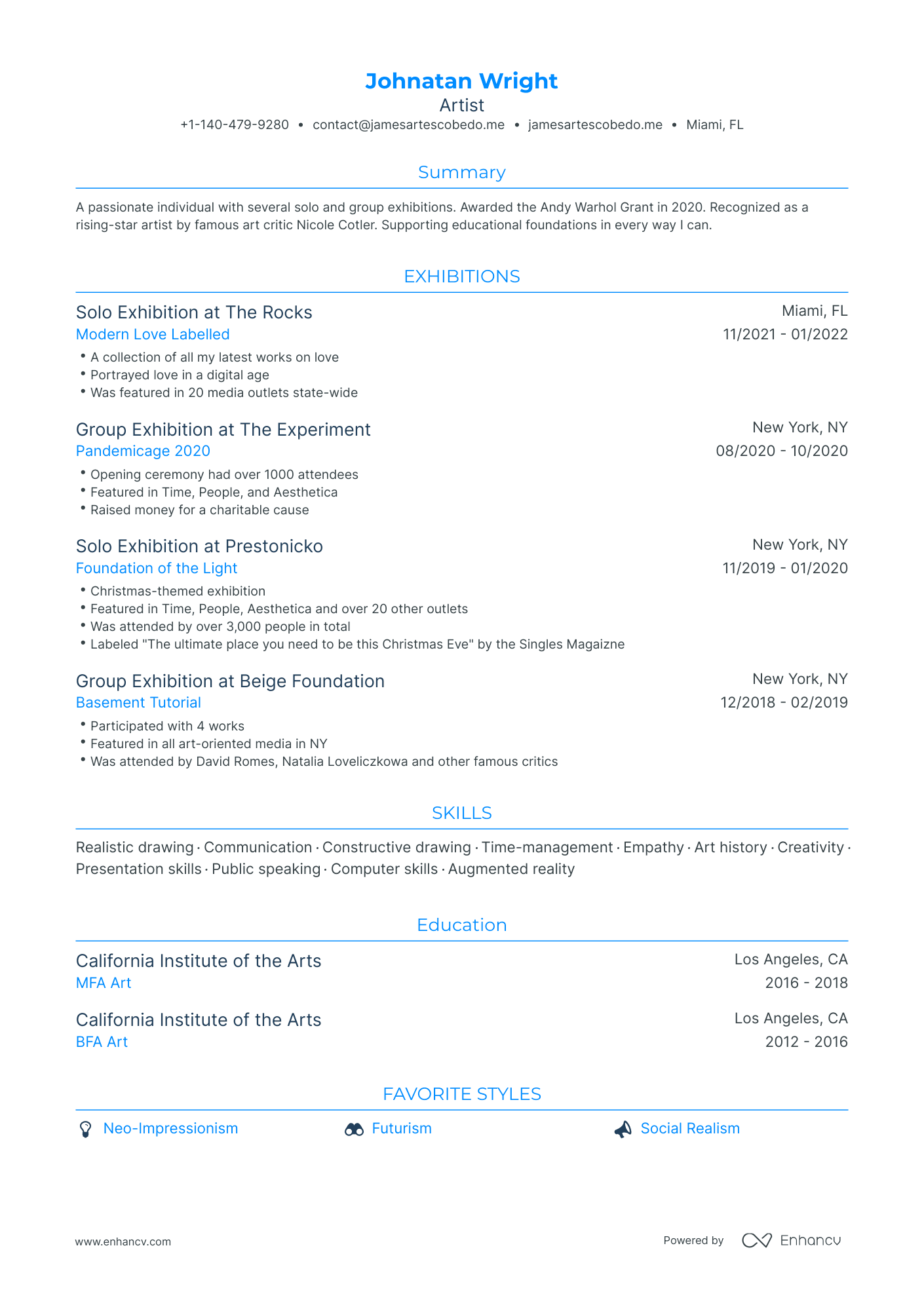 Artist Resume Examples & Guide for 2023 (Layout, Skills, Keywords & Job ...