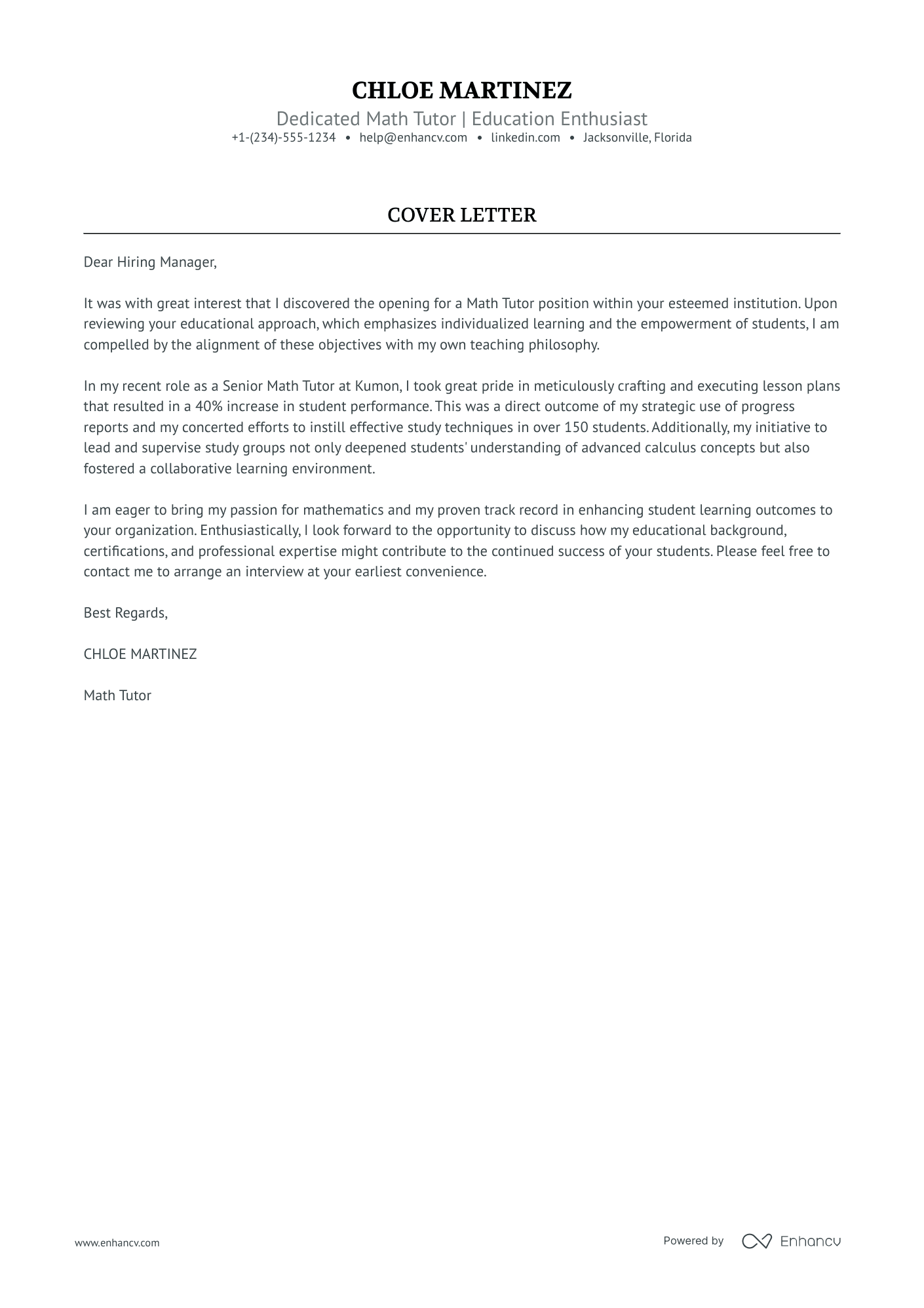 6 Professional Tutor Cover Letter Examples and Template for 2026 | Enhancv