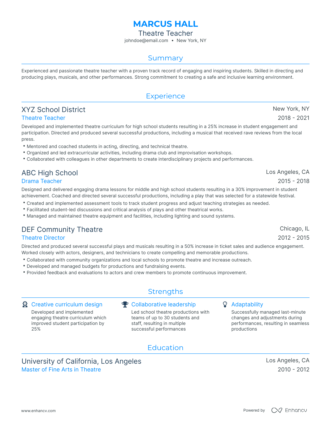 Theatre Teacher Resume Examples & Guide for 2023 (Layout, Skills ...