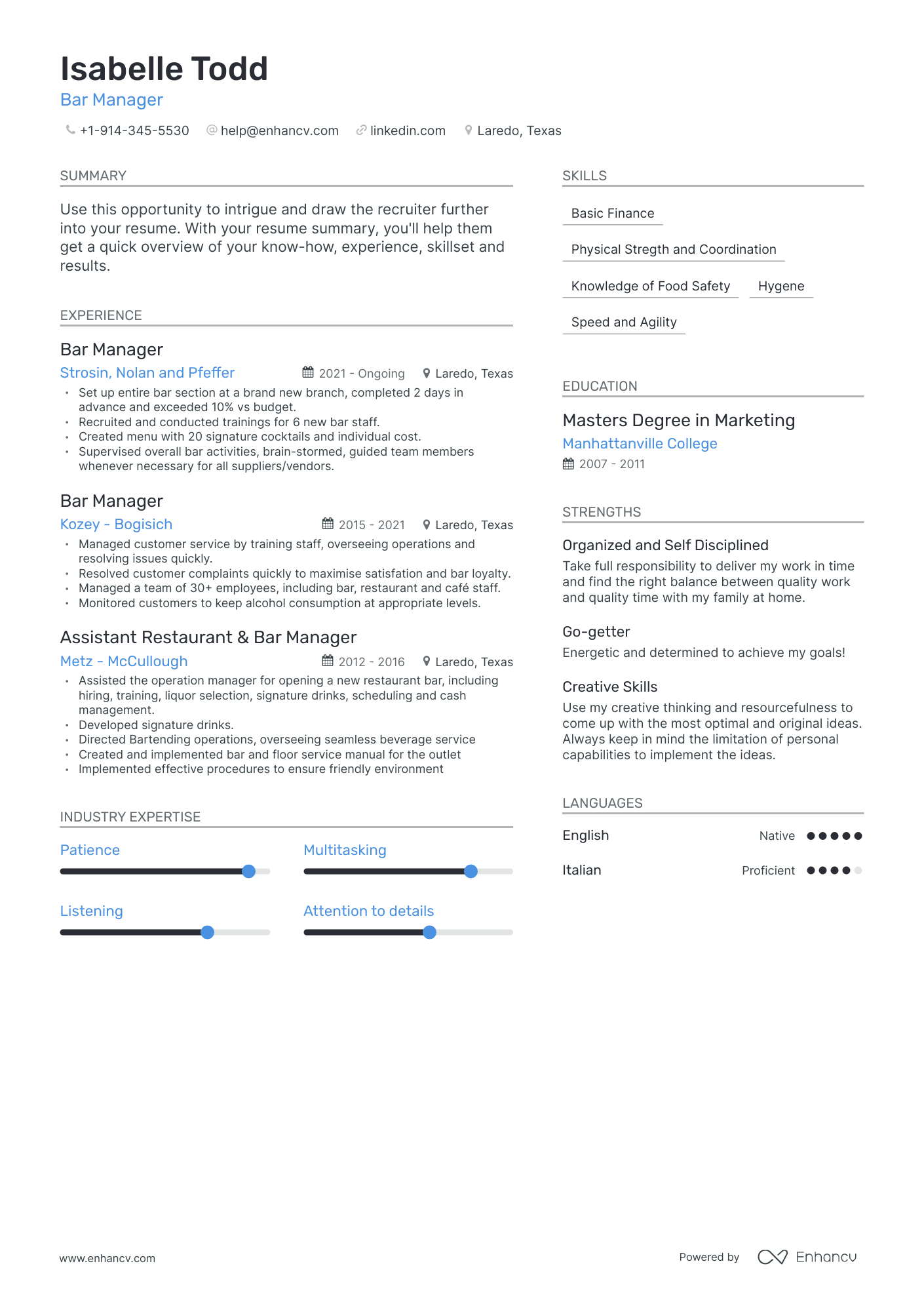 Bar Manager Resume Examples & Guide for 2023 (Layout, Skills, Keywords ...