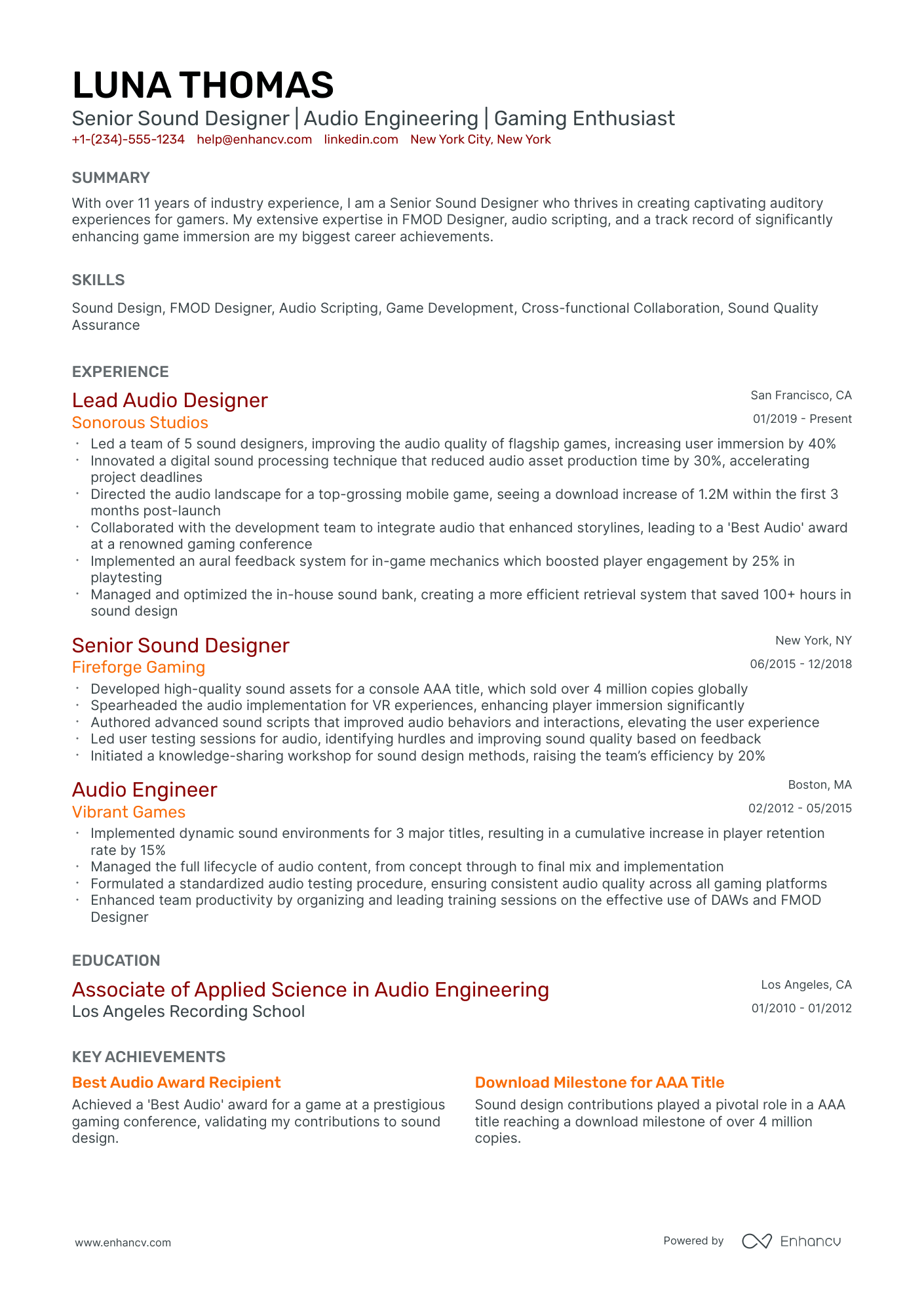 10 Sound Designer Resume Examples & Guide for 2026