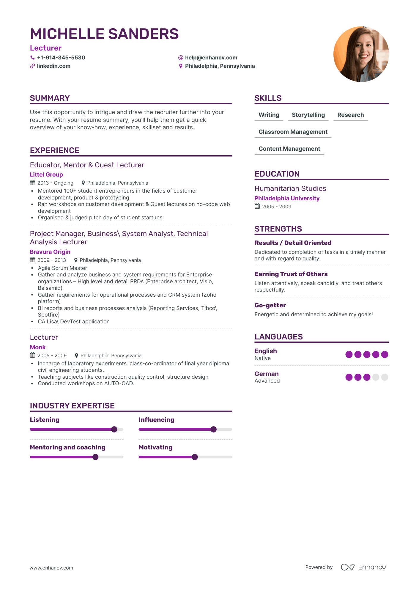 DOWNLOAD: Lecturer Resume Example for 2023 | Enhancv.com (Layout ...
