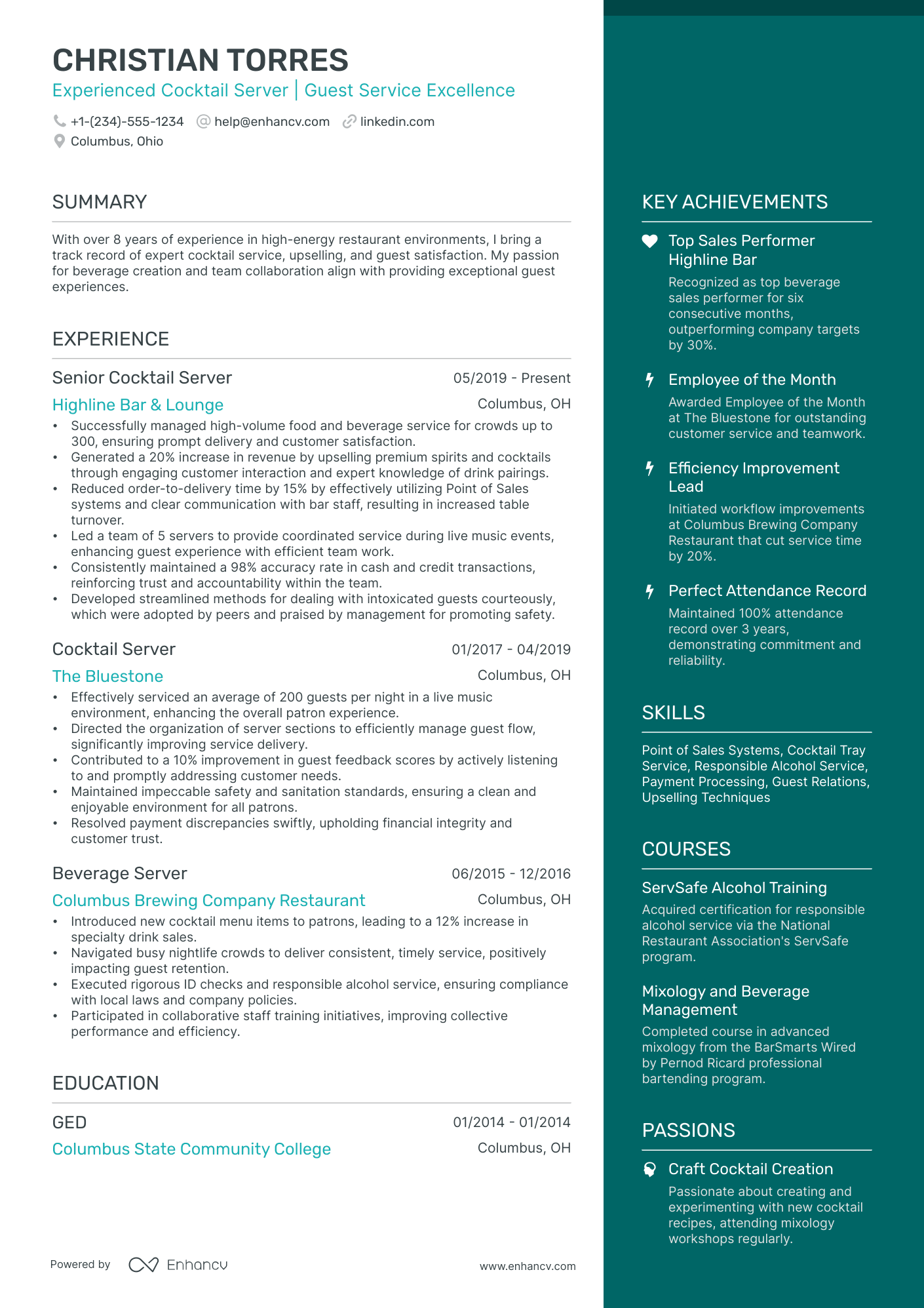 10 Cocktail Server Resume Examples & Guide for 2026