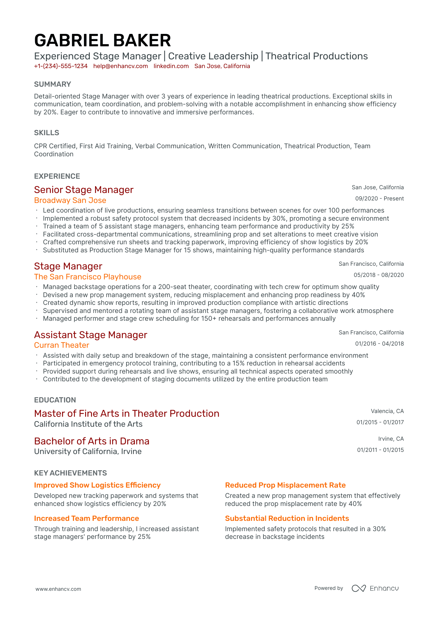 10 Stage Manager Resume Examples & Guide for 2026