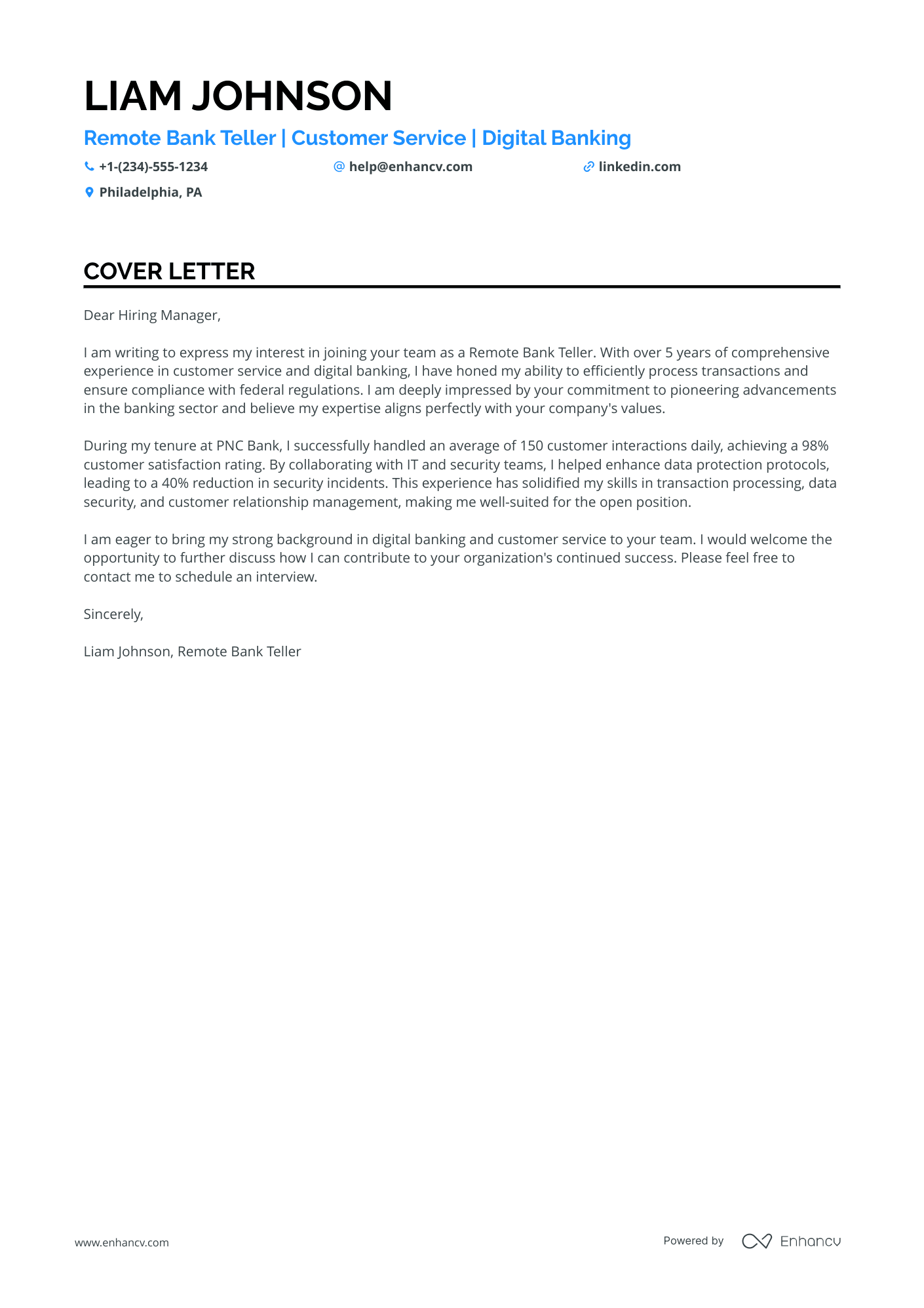 6 Professional Bank Teller Cover Letter Examples and Template for 2025 | Enhancv