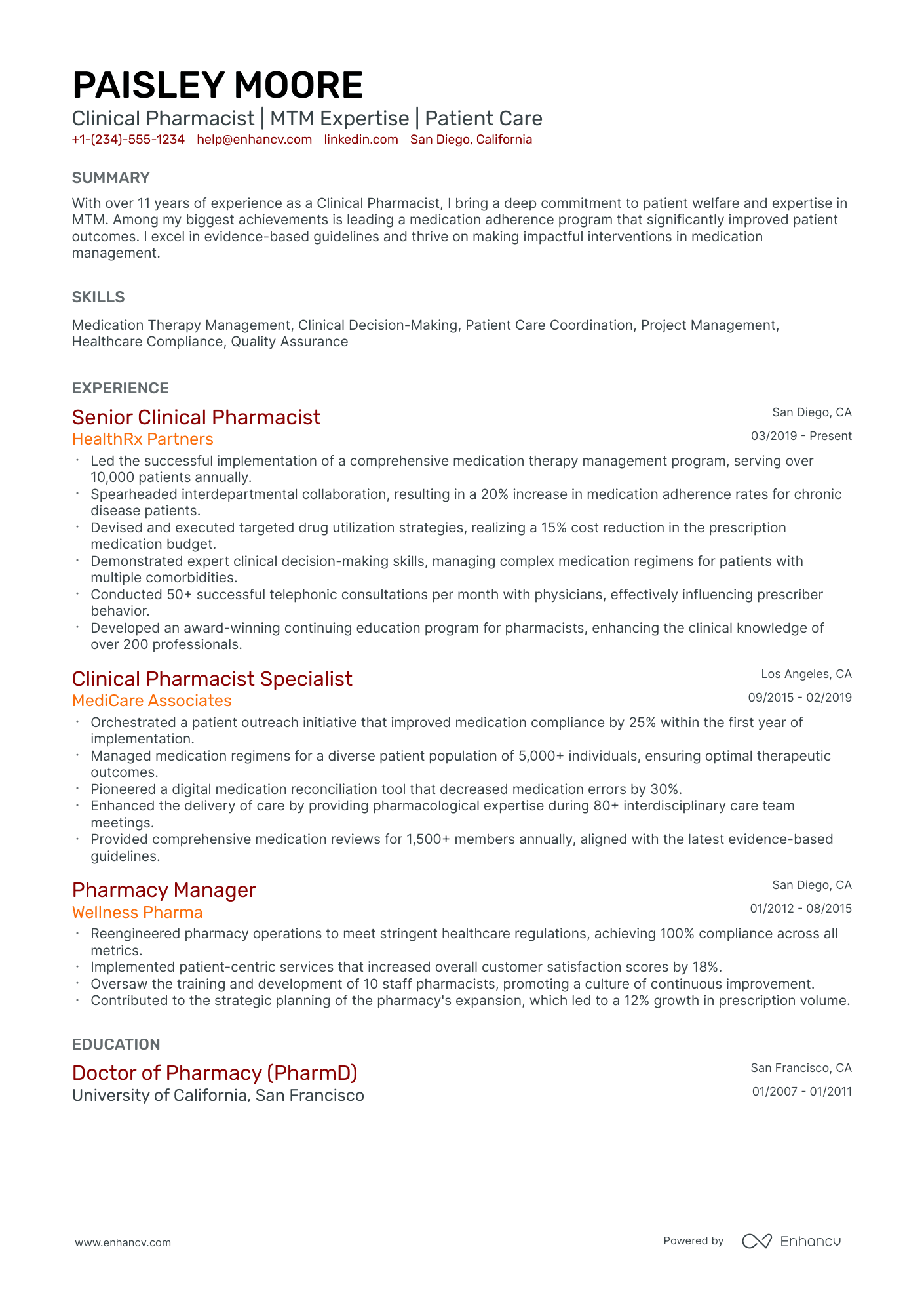 10 Clinical Pharmacist Resume Examples & Guide for 2025