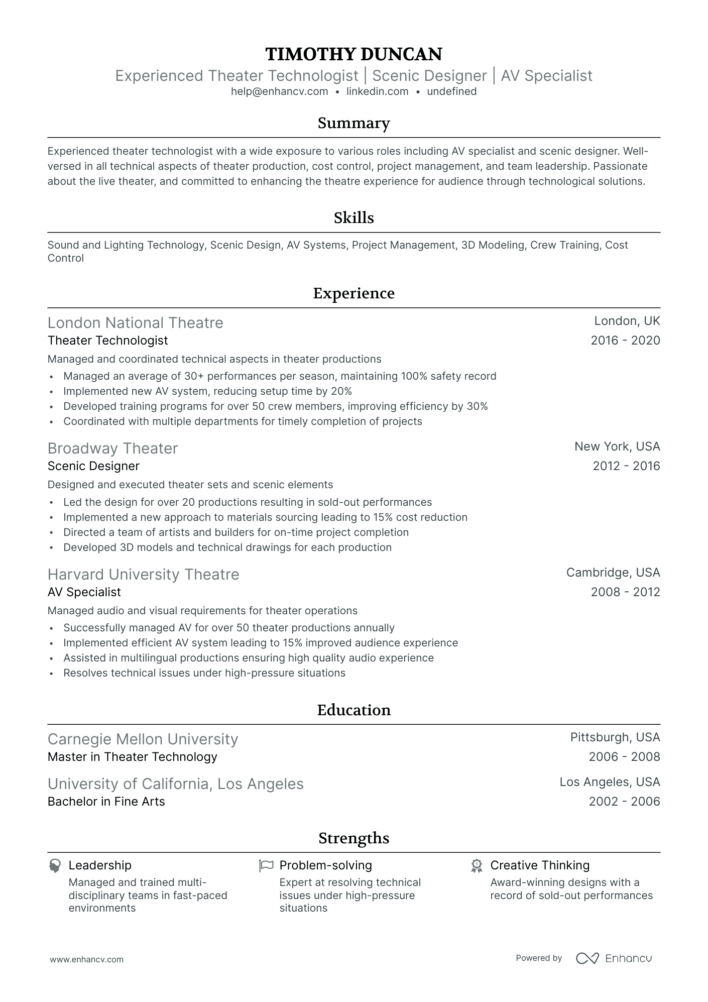 10 Technical Theatre Resume Examples & Guide for 2025