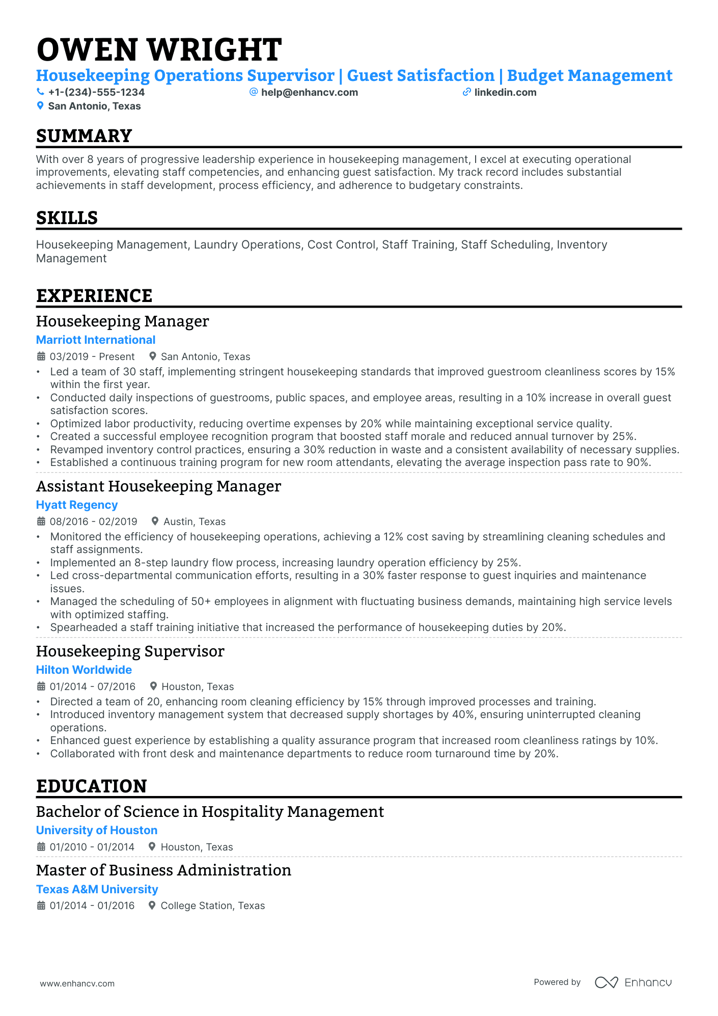 10 Housekeeping Manager Resume Examples & Guide for 2026