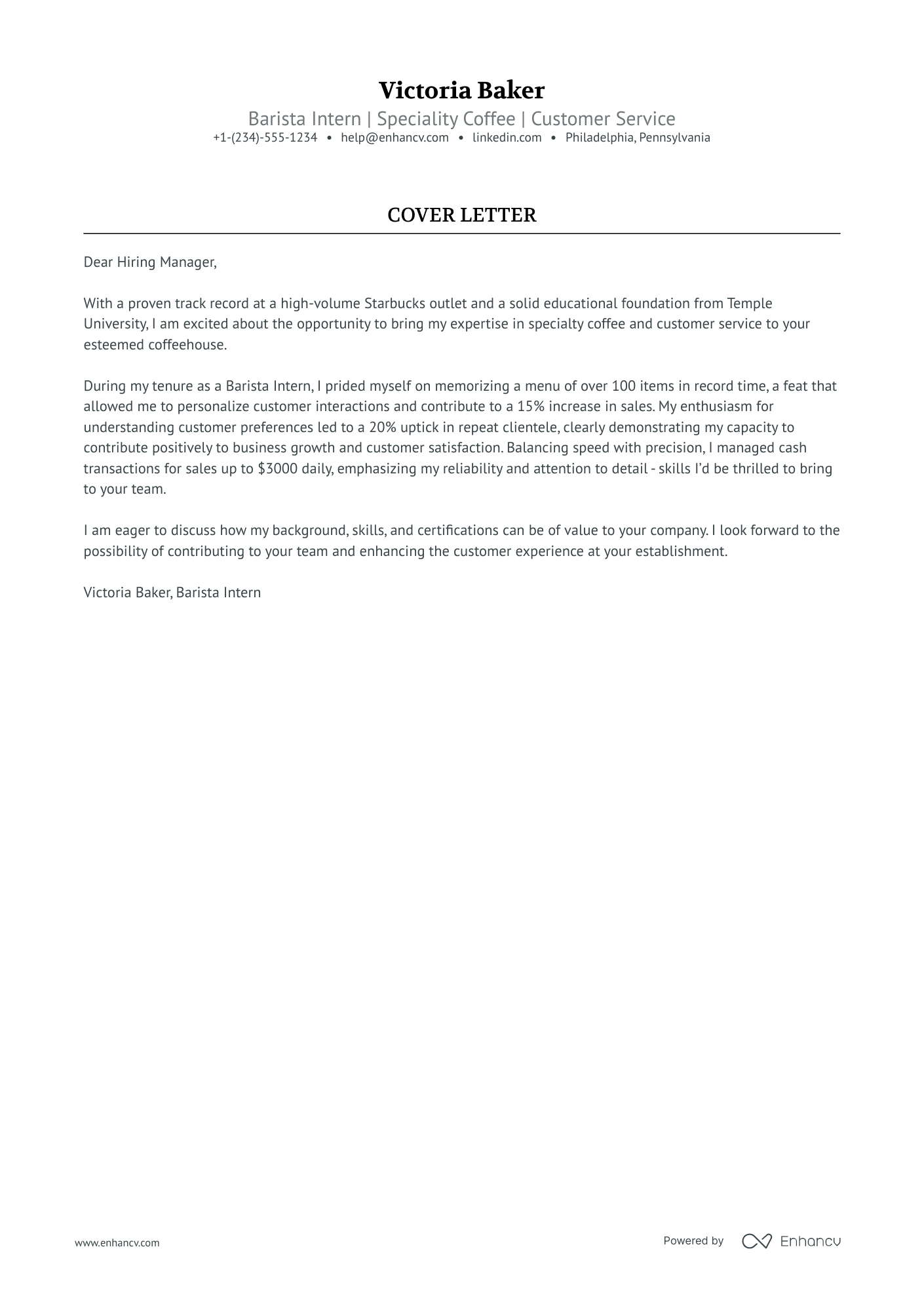 Barista Cover Letter: Examples, Tips & Templates | Enhancv