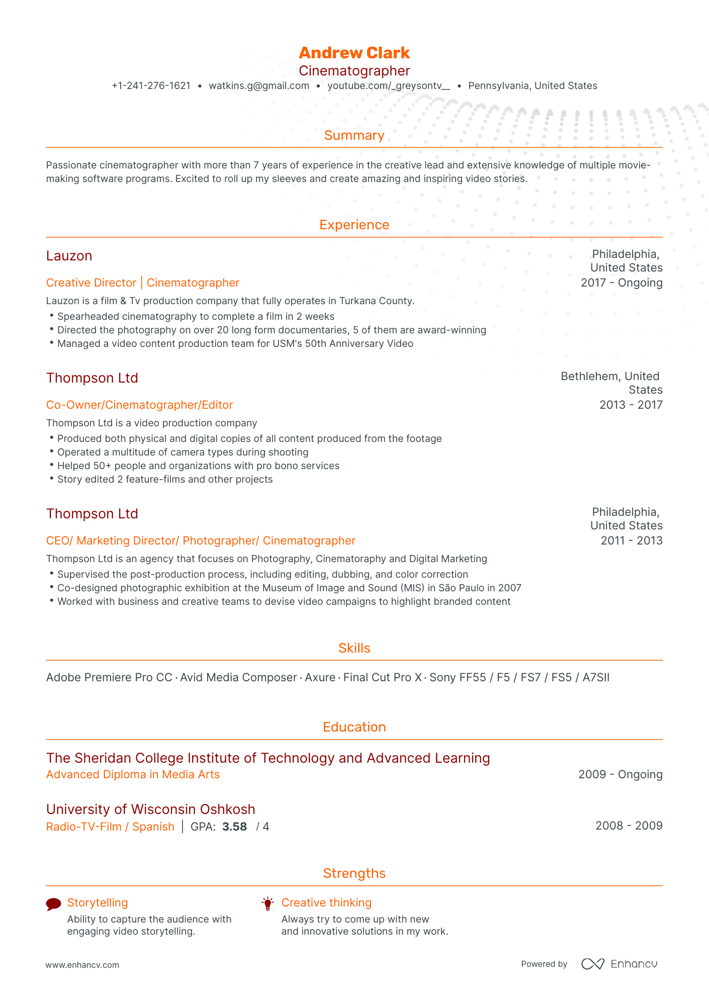 Cinematographer Resume Examples & Guide for 2023 (Layout, Skills ...