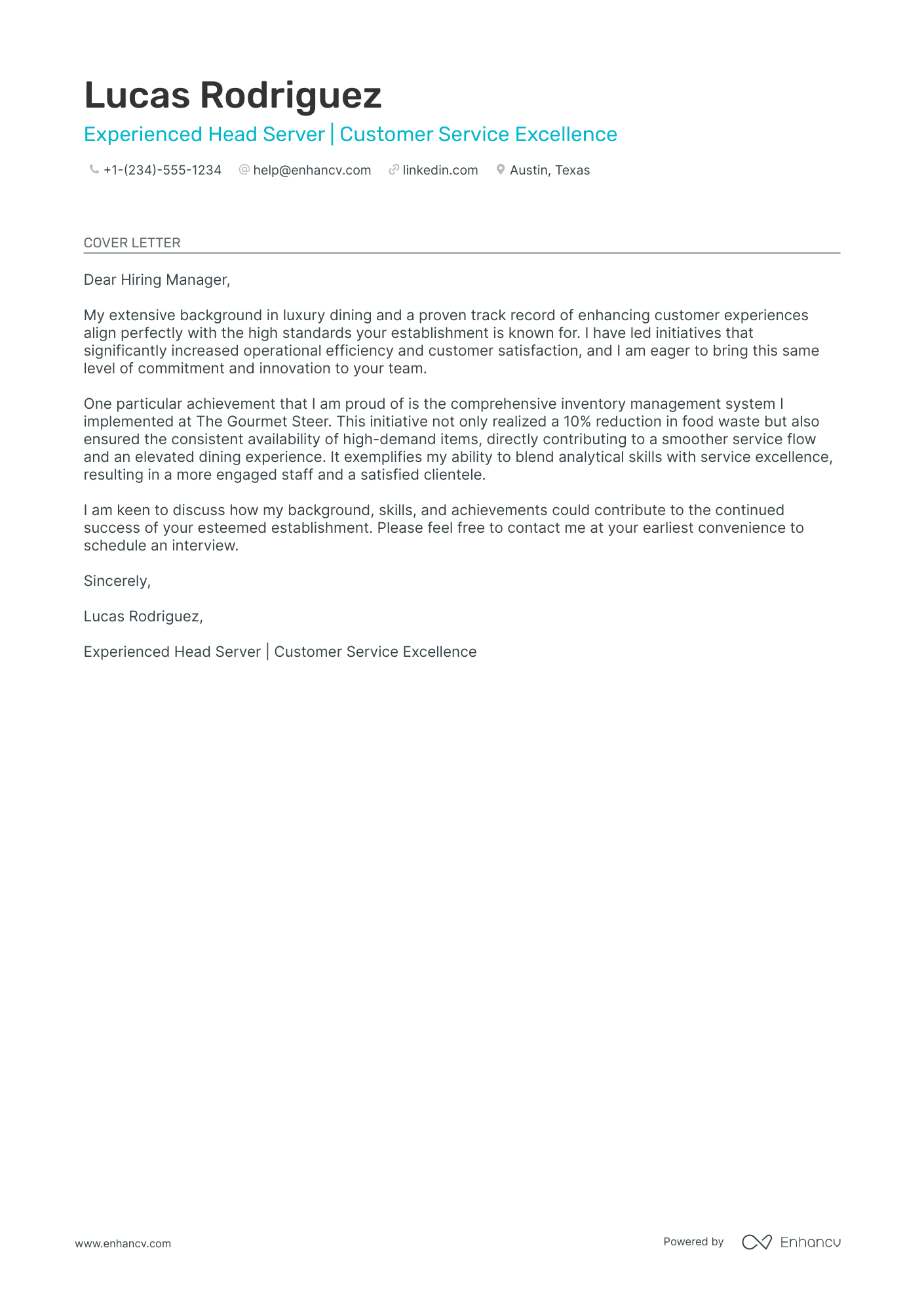 11 Professional Server Cover Letter Examples and Template for 2024 | Enhancv