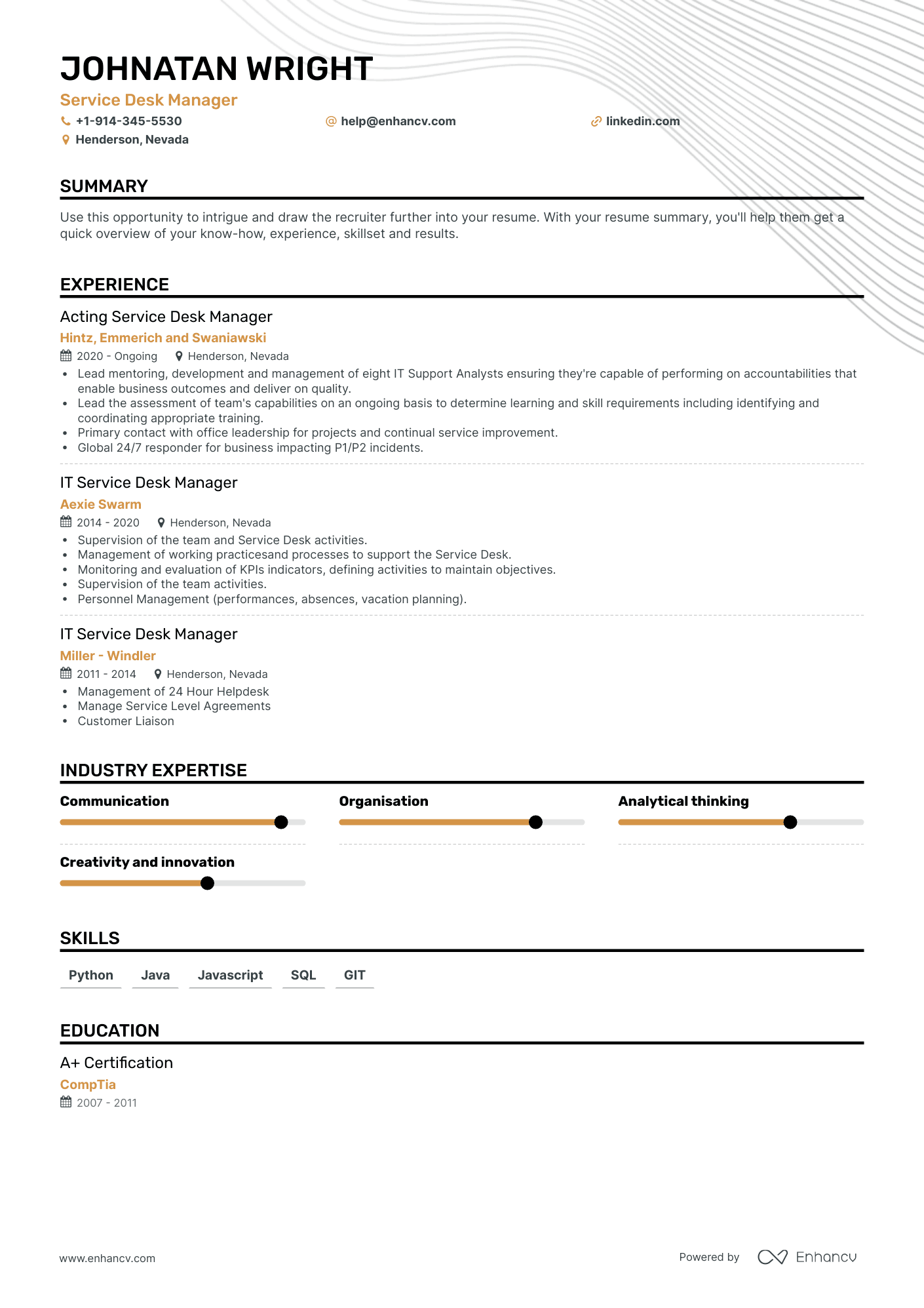 Service Desk Manager Resume Examples
