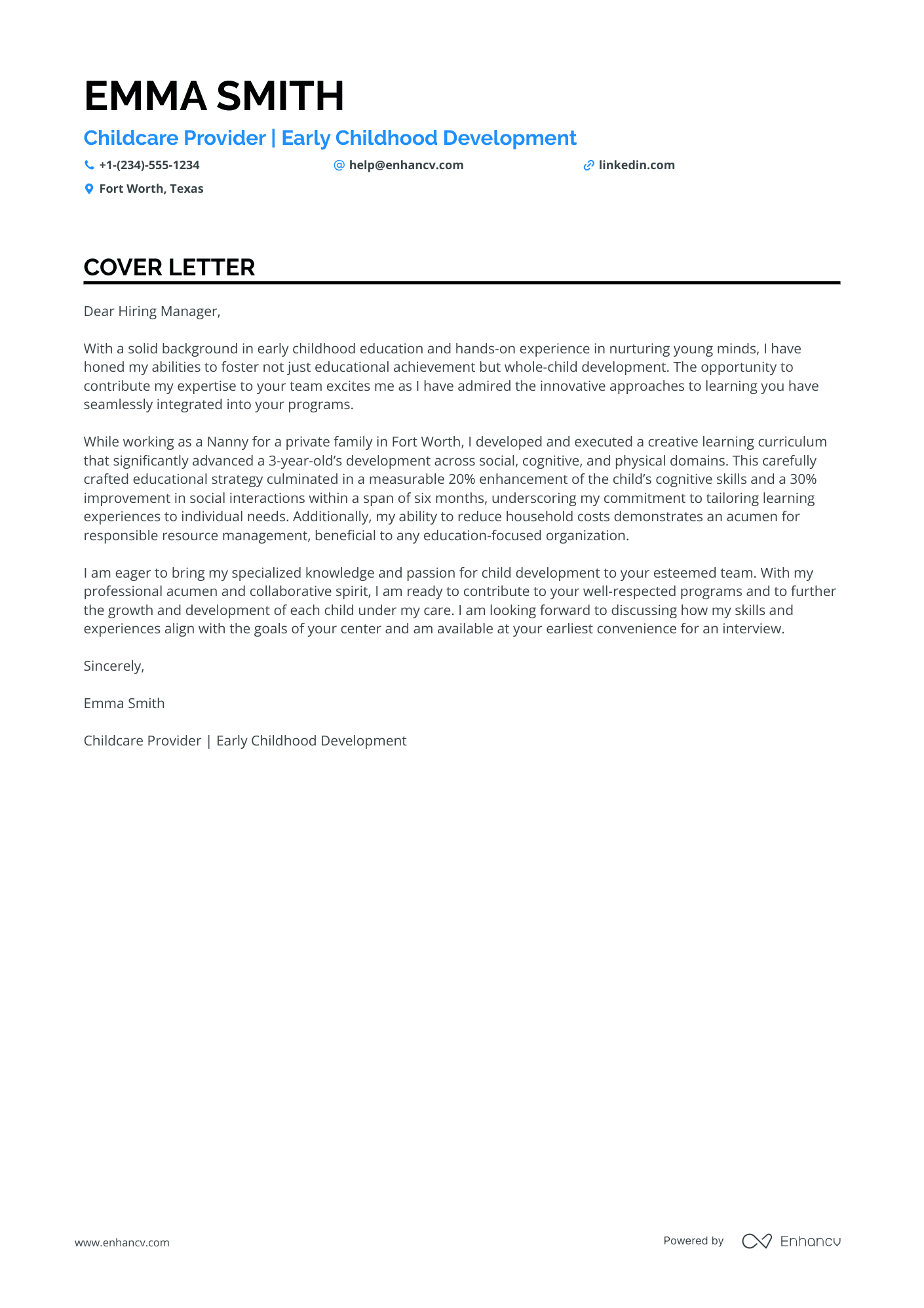Professional Nanny Cover Letter Examples and Template for 2024 | Enhancv