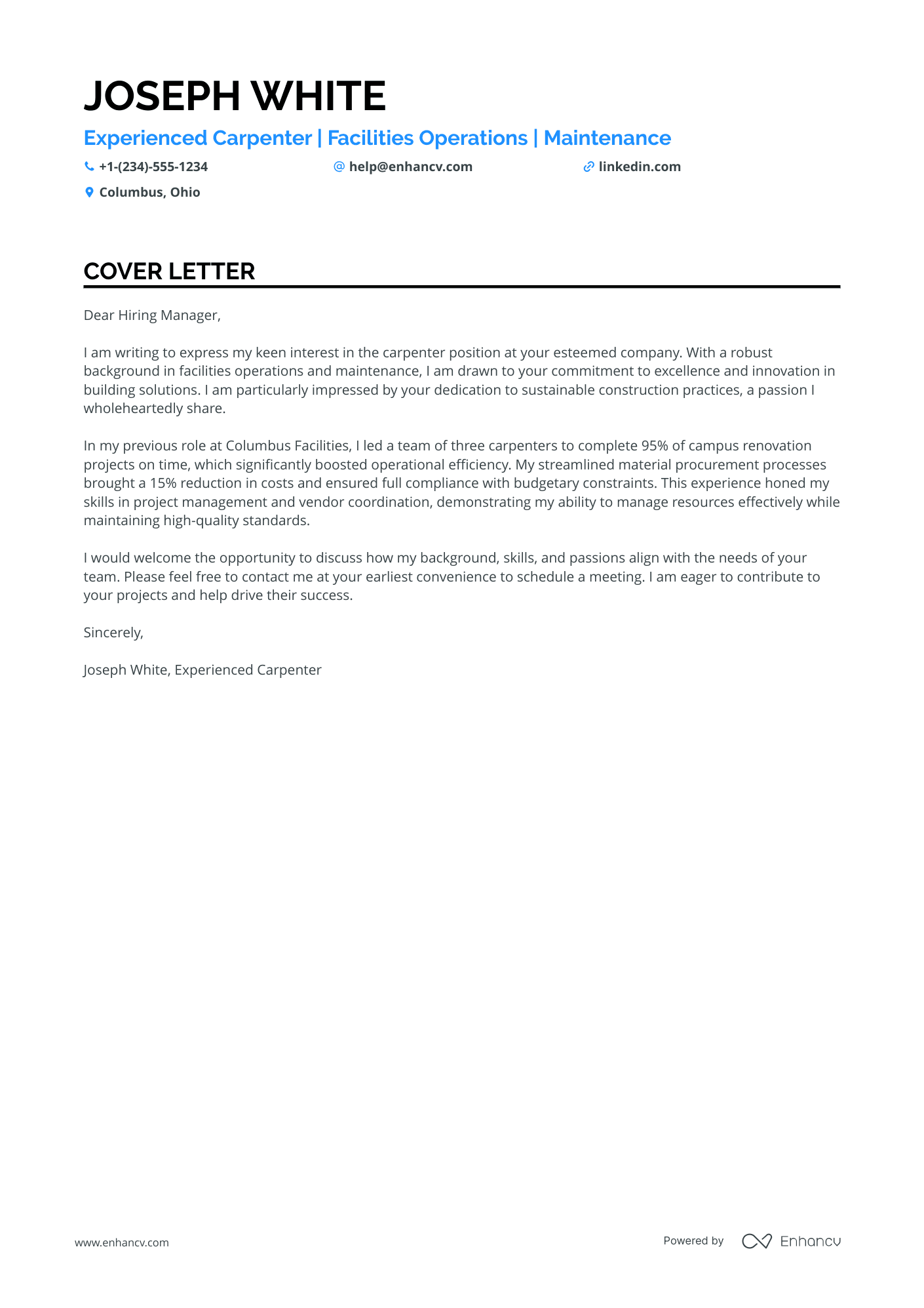 How to Write a Carpenter Cover Letter (Free Examples) | Enhancv
