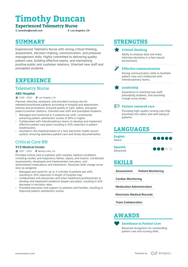 5 Telemetry Nurse Resume Examples & Guide for 2023