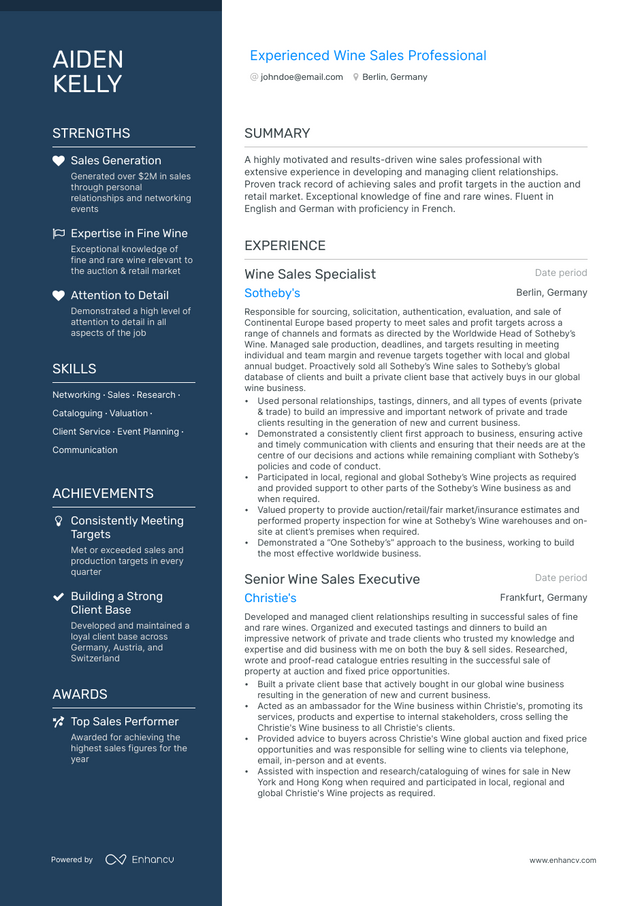 5 Wine Sales Resume Examples & Guide for 2023