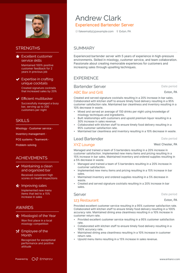 5 Bartender Server Resume Examples & Guide for 2023
