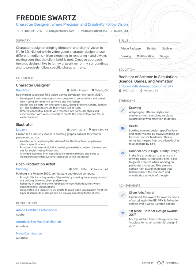 5 Character Designer Resume Examples & Guide for 2023