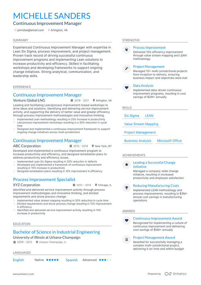 5 Continuous Improvement Manager Resume Examples & Guide for 2023