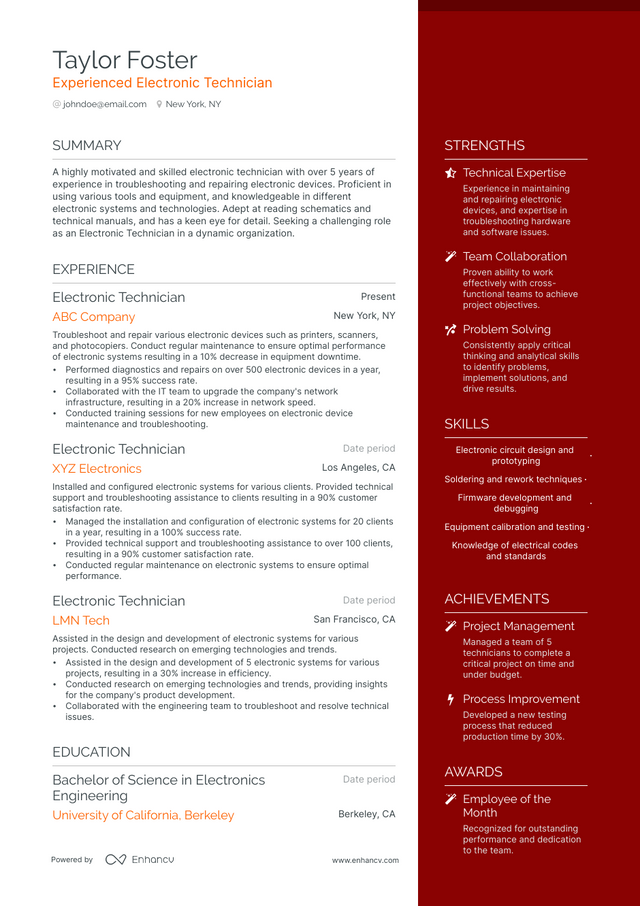 5 Electronic Technician Resume Examples & Guide for 2023