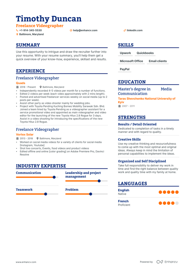 5 Freelance Videographer Resume Examples & Guide for 2023