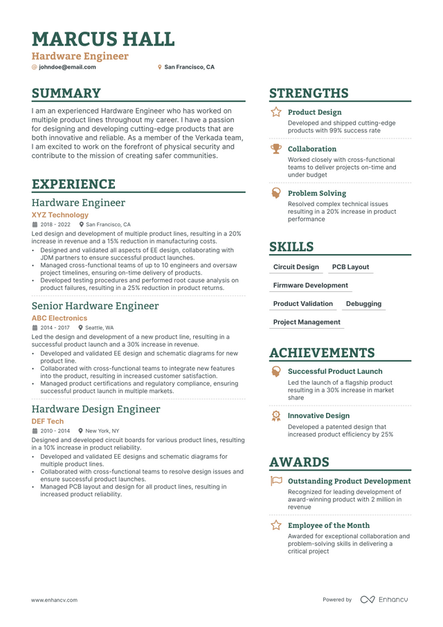 5 Hardware Engineer Resume Examples & Guide for 2023