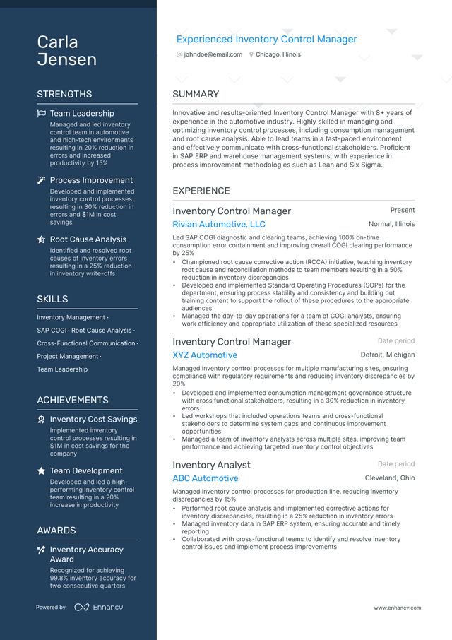 5 Inventory Control Manager Resume Examples & Guide for 2023