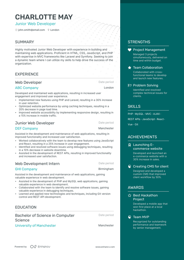 5 Junior Web Developer Resume Examples & Guide for 2023