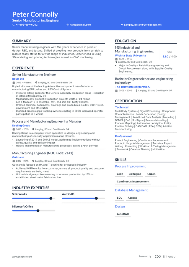 5 Manufacturing Engineer Resume Examples & Guide for 2023