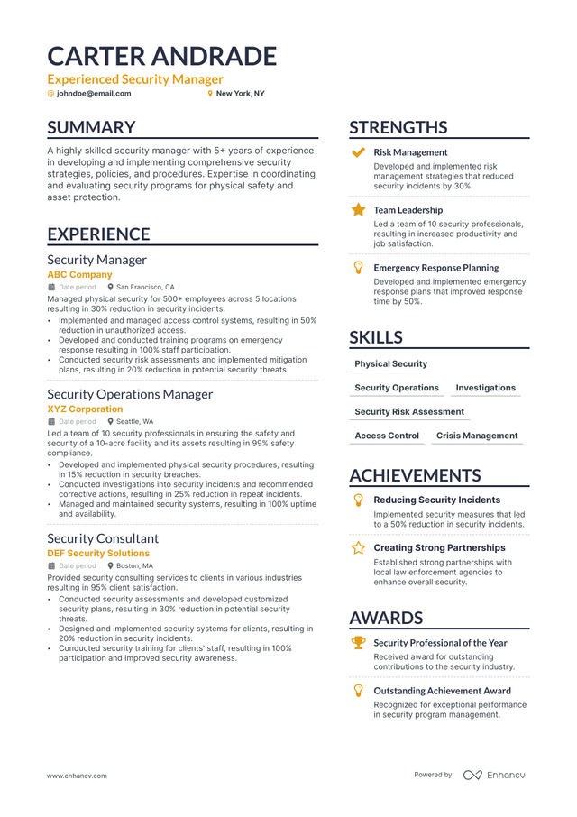 5 Security Manager Resume Examples & Guide for 2023