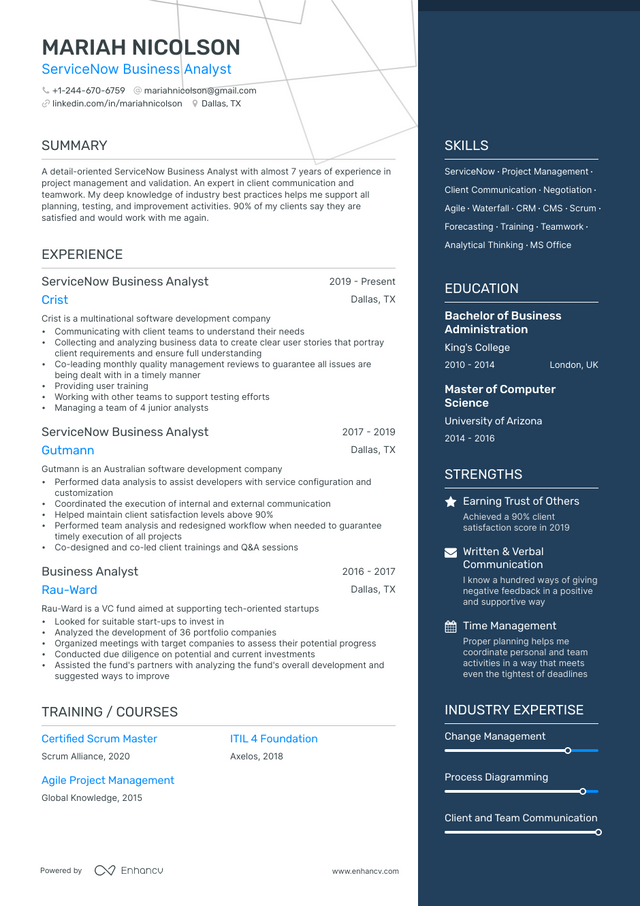5 Servicenow Business Analyst Resume Examples & Guide for 2023