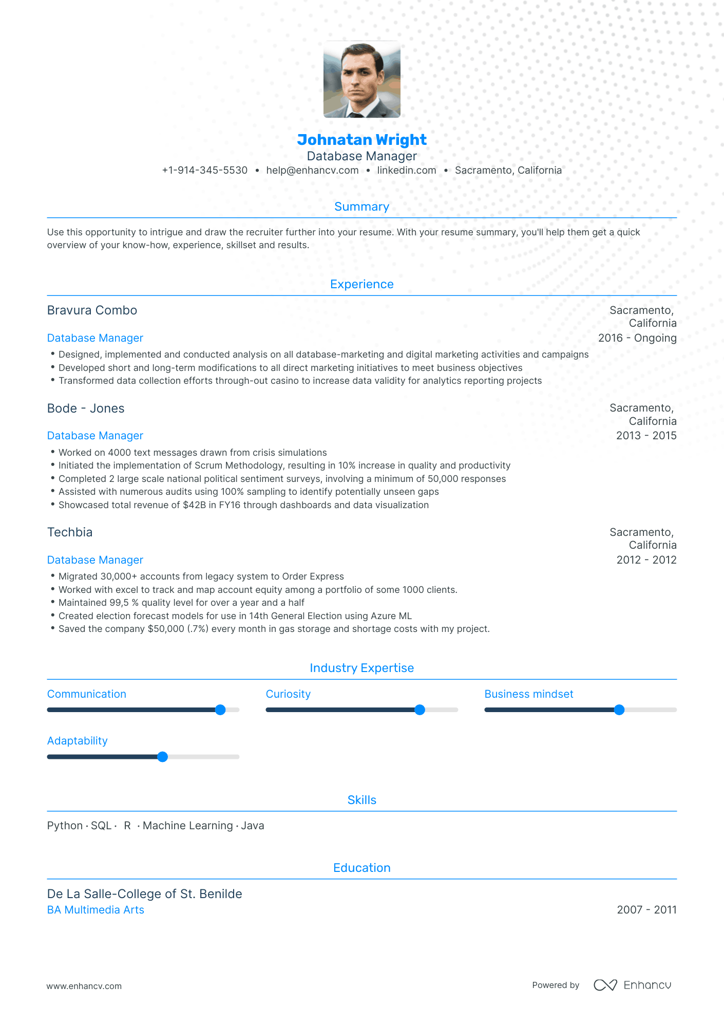 Database Manager Resume Examples & Guide for 2023 (Layout, Skills ...