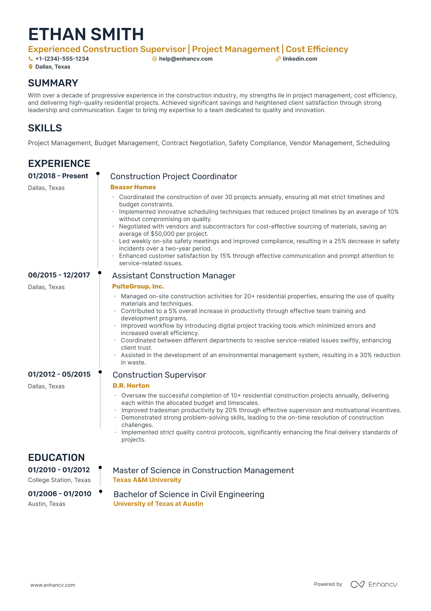 10 Construction Manager Resume Examples & Guide for 2026