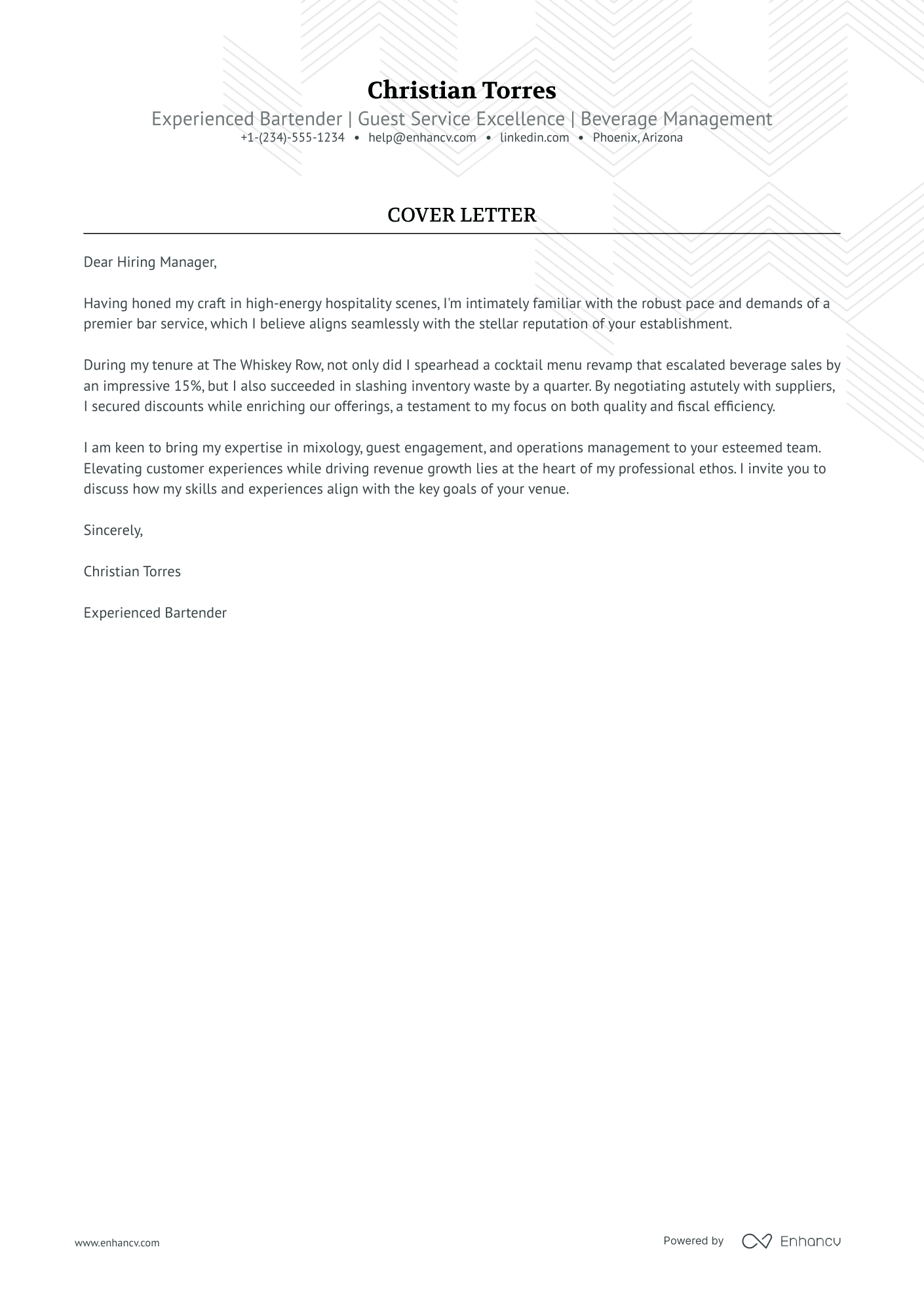 Bartender Cover Letter Examples for 2026 | Enhancv