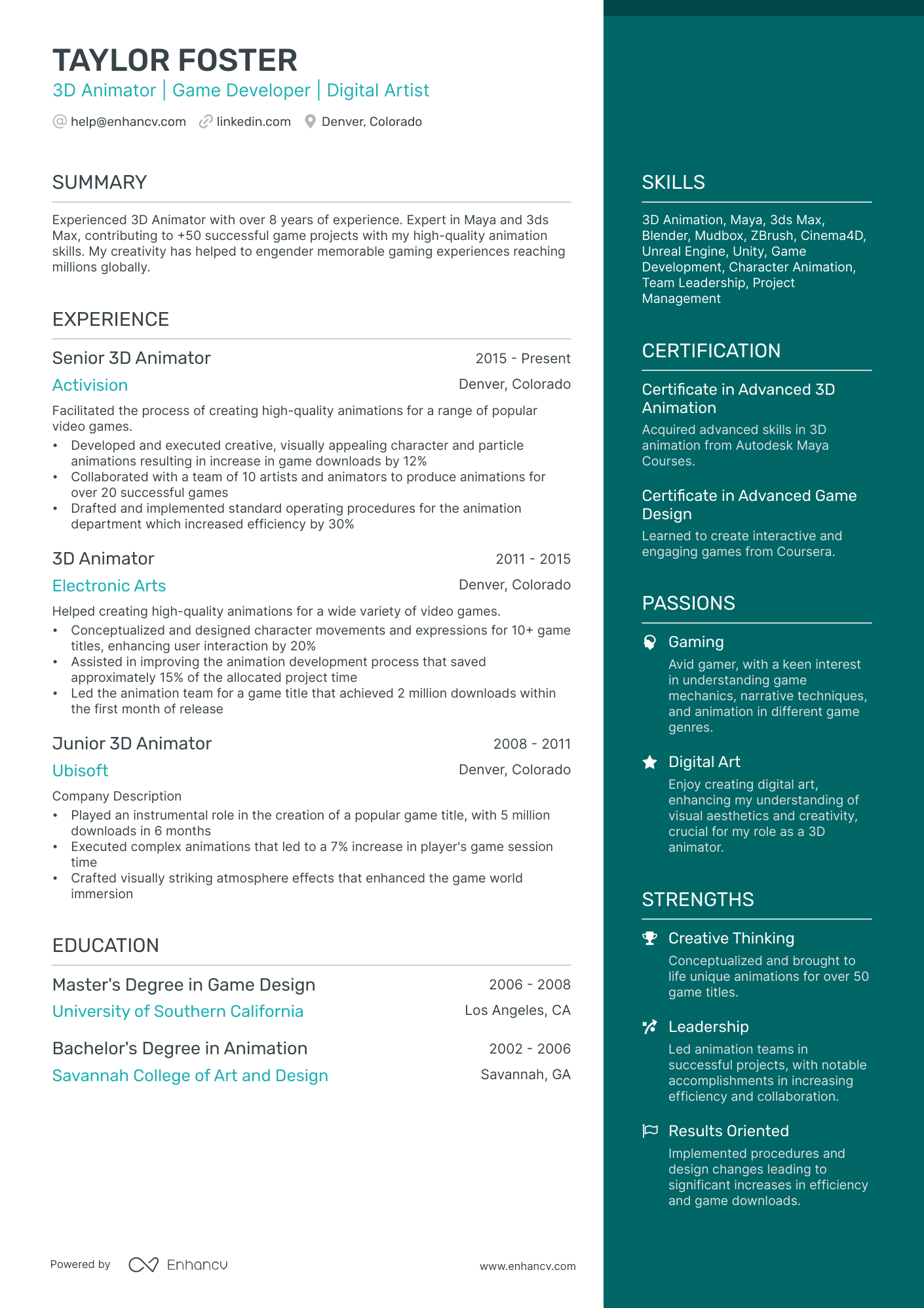 10 3D Animator Resume Examples & Guide for 2025
