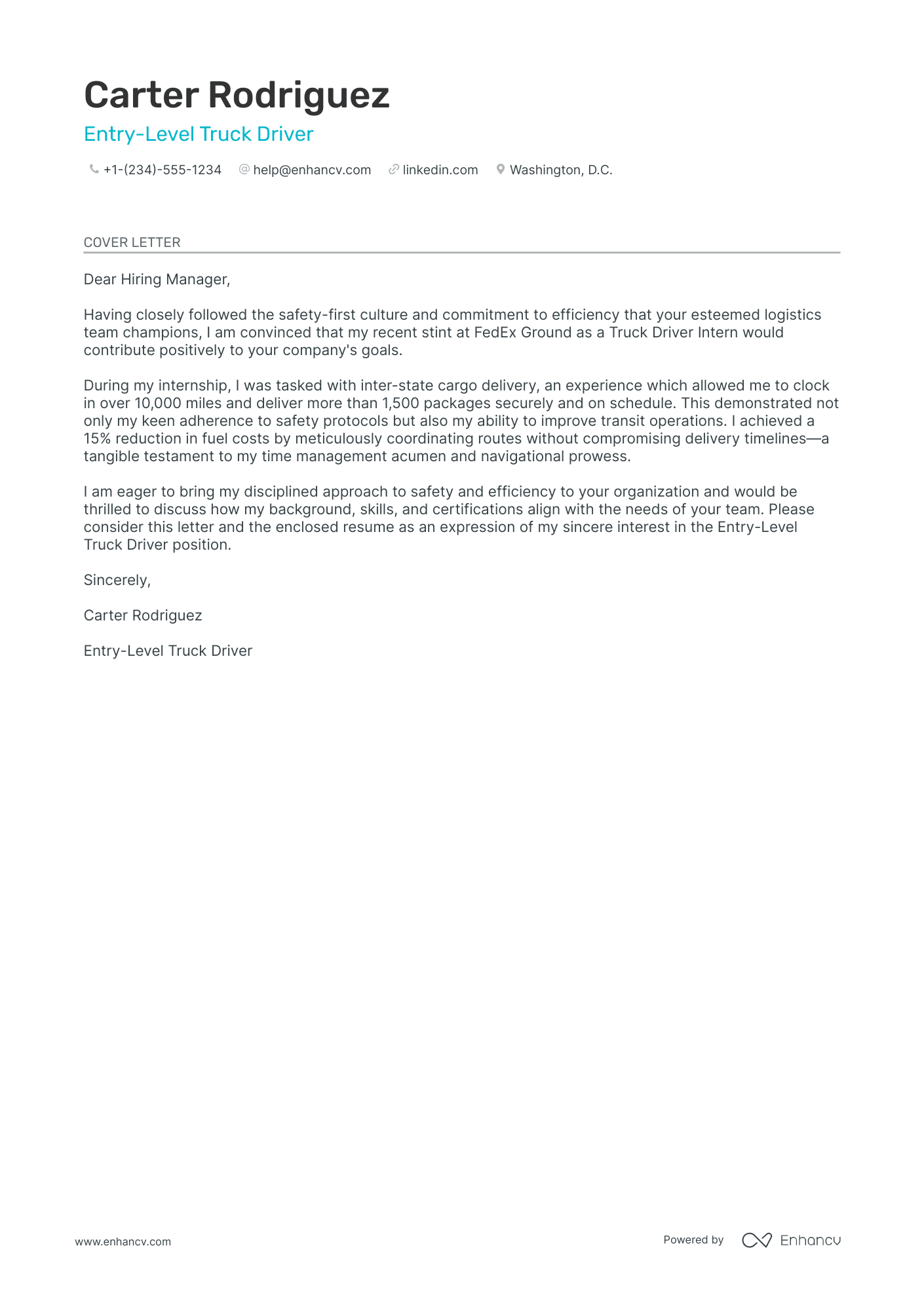 Truck Driver Cover Letter: Examples, Tips & Templates | Enhancv