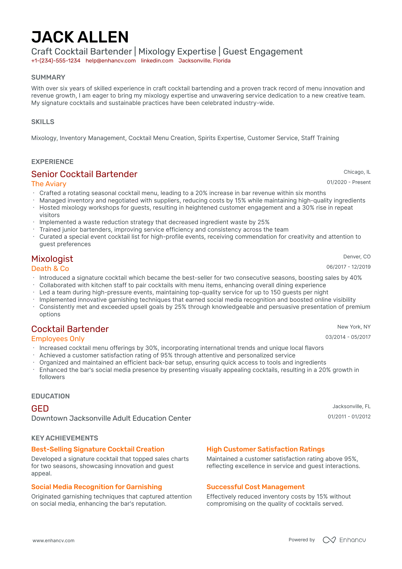 10 Cocktail Bartender Resume Examples & Guide for 2026