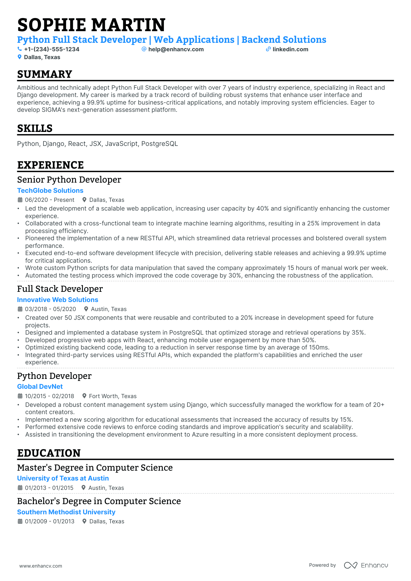 10 Python Full Stack Developer Resume Examples & Guide for 2025